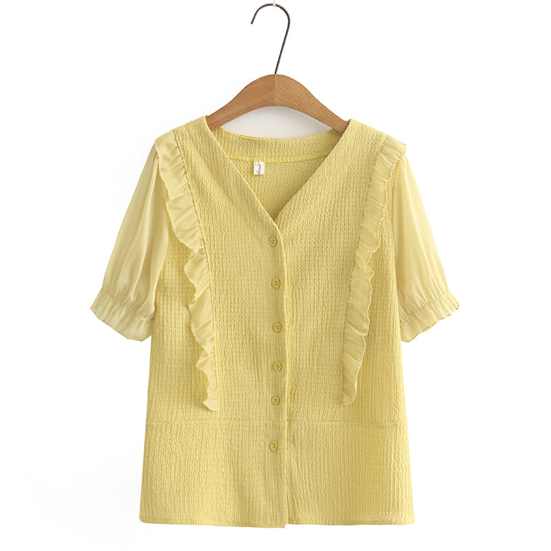 Plus Size Frill Buttons V Neck Blouse Pluspreorder