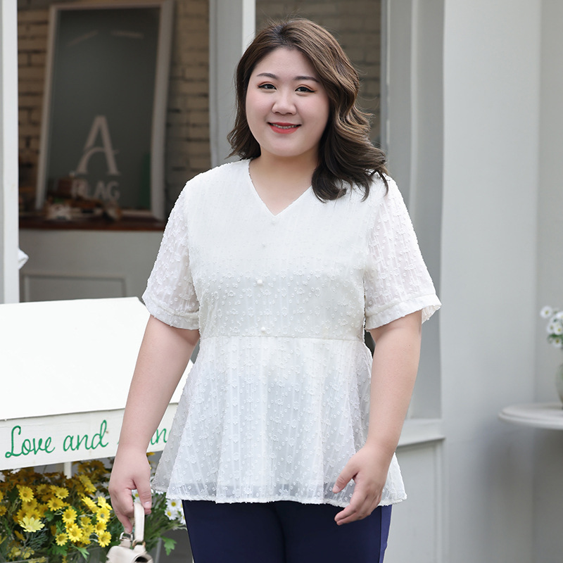 Plus Size White Buttons V Neck Peplum Chiffon Blouse Extra Big Size