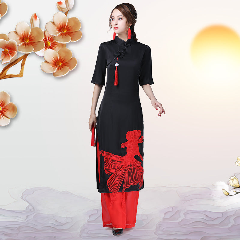 Plus Size Formal Long Cheongsam Blouse And Pants Set Pluspreorder