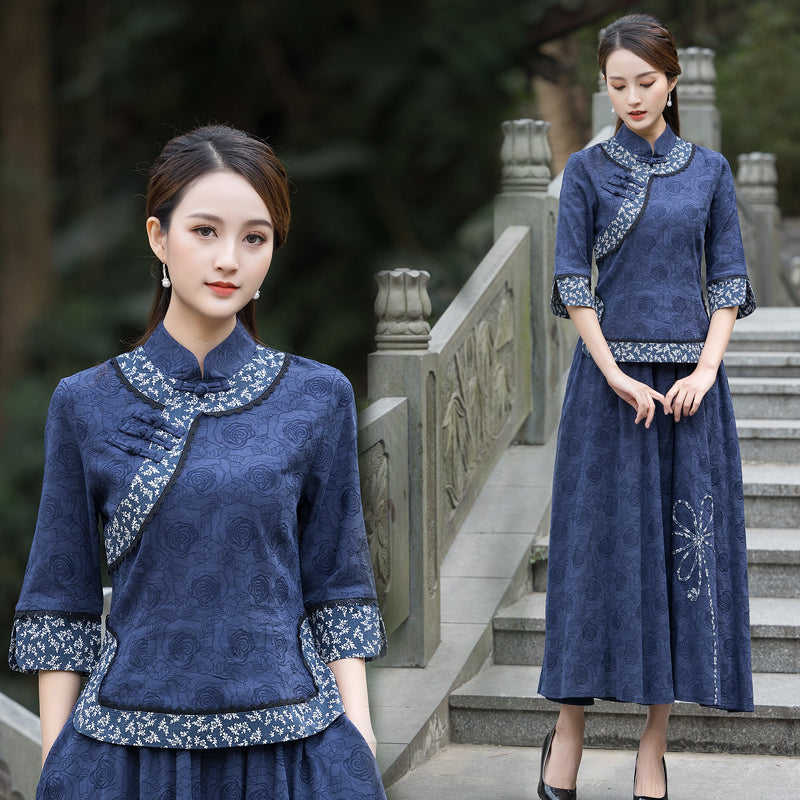 Plus Size Ethnic Embroidery Cheongsam Blouse and Matching Skirt Set – Pluspreorder