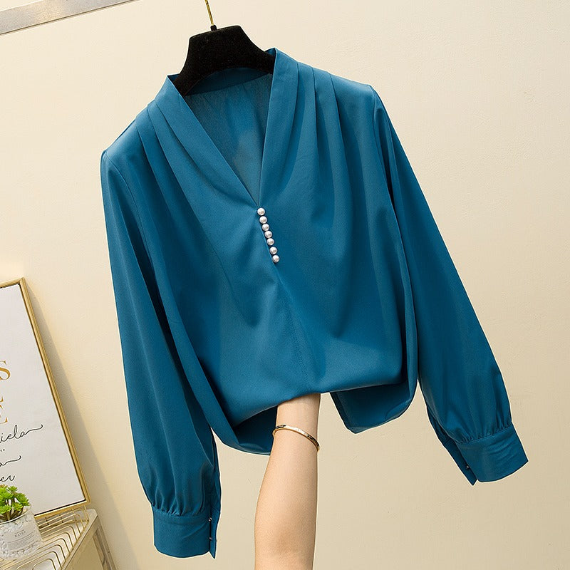 Plus Size Pearl Buttons V Neck Long Sleeve Blouse Pluspreorder