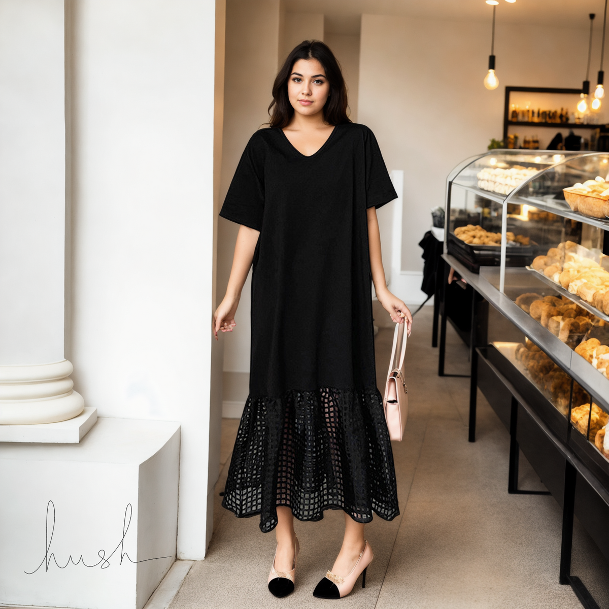 Plus Size Korean Black Hex Midi Dress – Pluspreorder