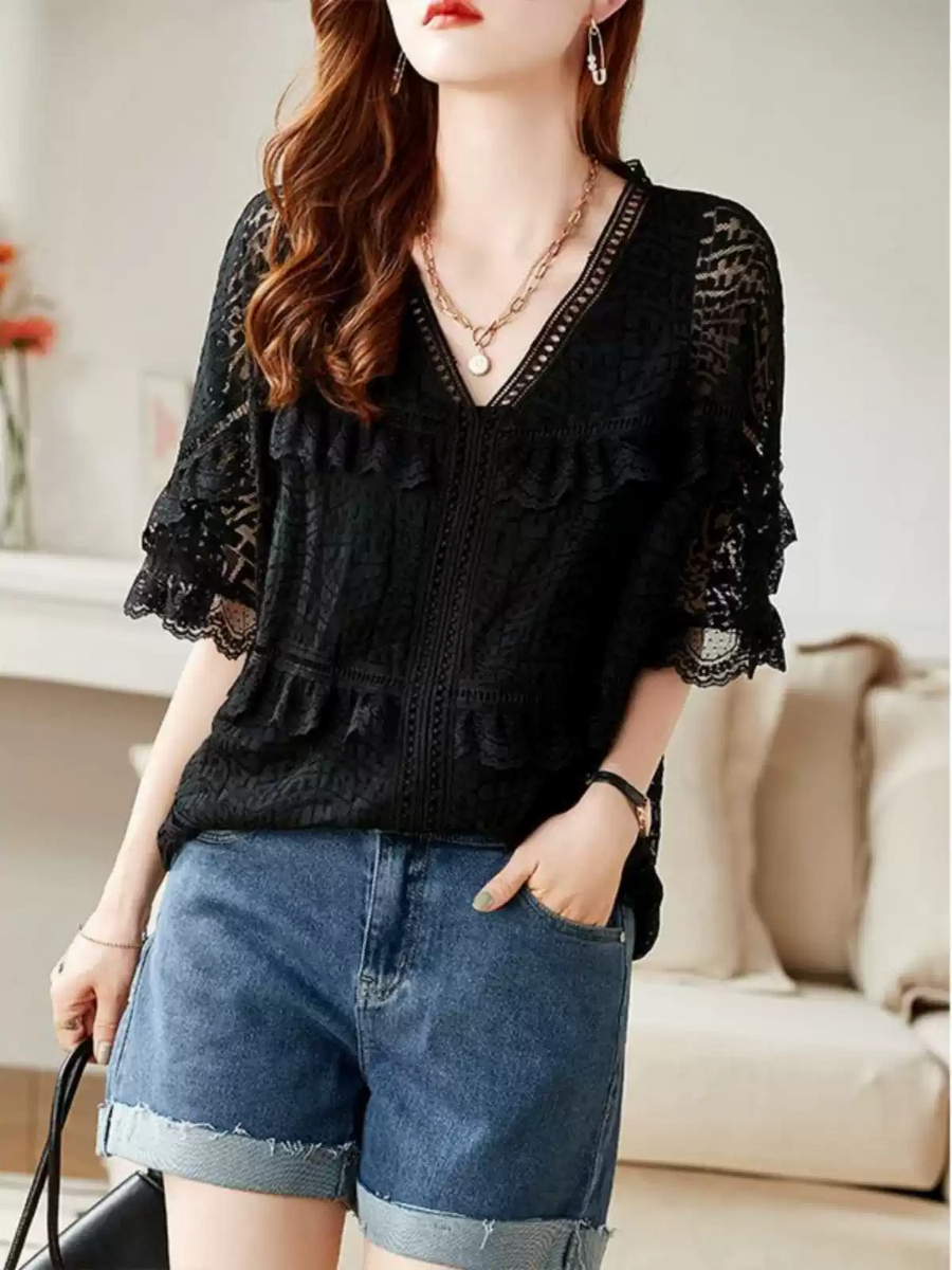 Plus Size Black Lace V Neck Short Sleeve Blouse (EXTRA BIG SIZE ...