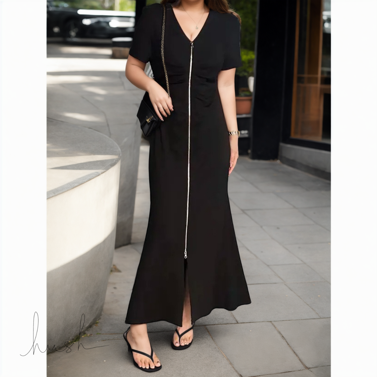 Plus Size Black Zipper Short Sleeve Maxi Dress – Pluspreorder