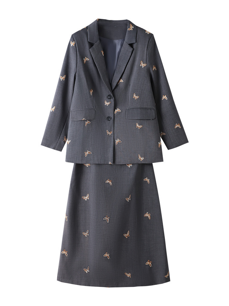 Plus Size Butterfly Embroidered Grey Blazer And Skirt Set (EXTRA BIG S ...