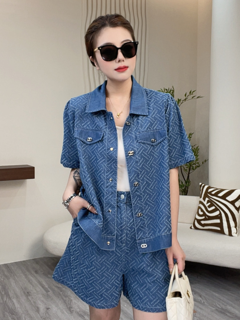 Plus Size Chanel-Esque Short Sleeve Denim Shirt And Shorts Set ...