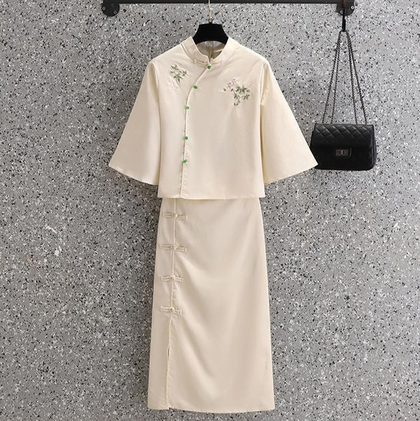 Plus Size Cheongsam Blouse And Midi Qipao Buttons Skirt Set – Pluspreorder