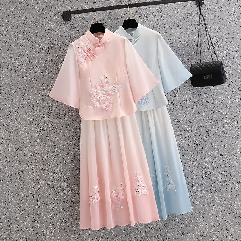 Plus Size Chinese Cheongsam Blouse and Matching Skirt Set – Pluspreorder