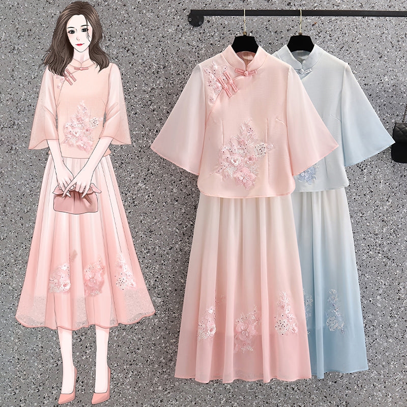 Plus Size Chinese Cheongsam Blouse and Matching Skirt Set – Pluspreorder