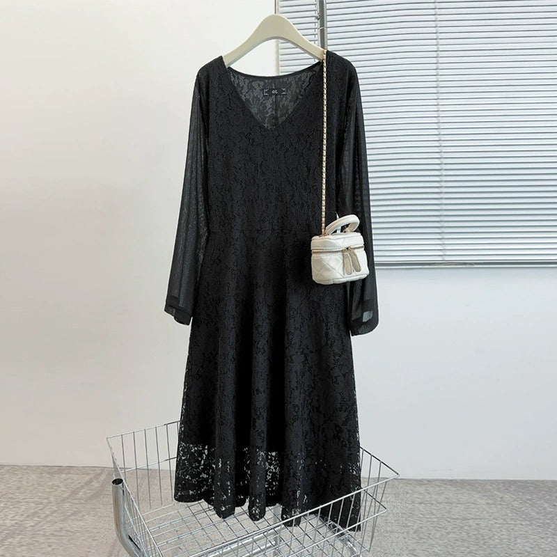Plus Size Lace V Neck Long Sleeve Dress (EXTRA BIG SIZE) – Pluspreorder