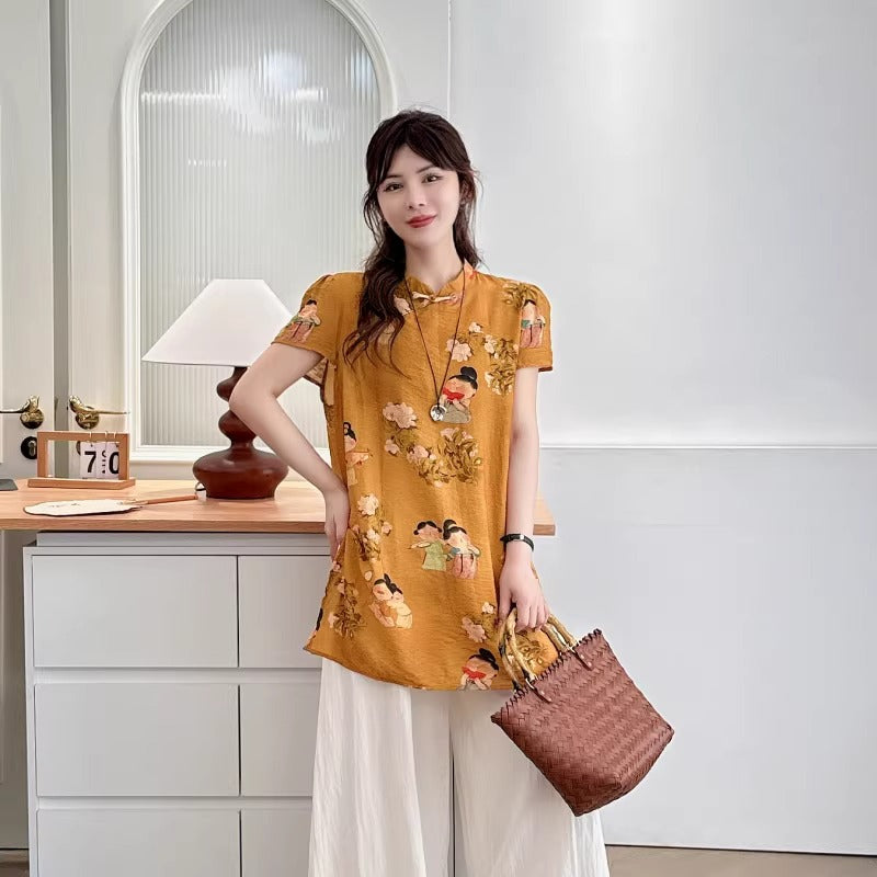 Plus Size Printed Chinese Collar Short Sleeve Cheongsam Tunic Top (EXT ...