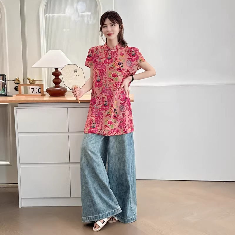 Plus Size Printed Chinese Collar Short Sleeve Cheongsam Tunic Top (EXT ...