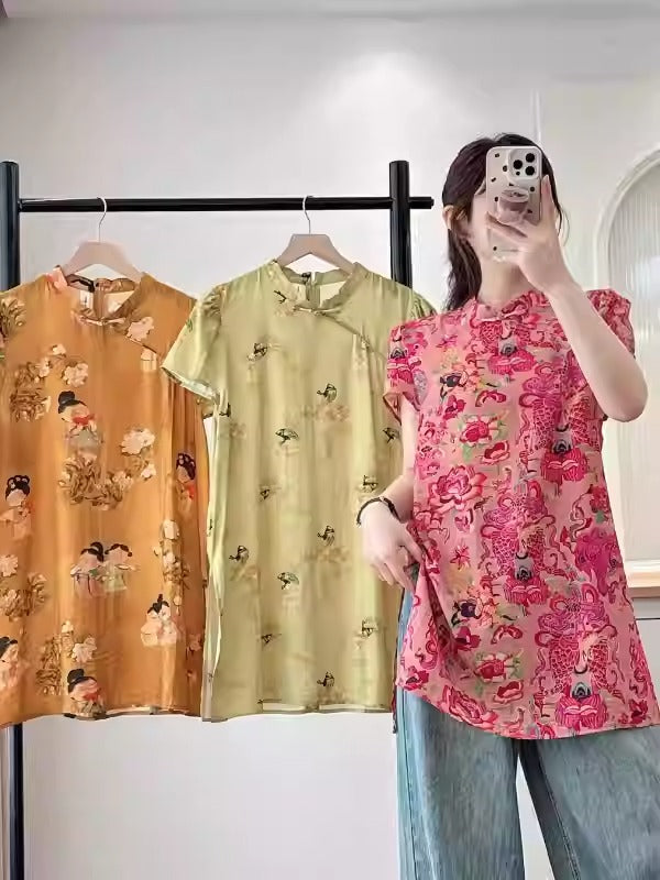 Plus Size Printed Chinese Collar Short Sleeve Cheongsam Tunic Top (EXT ...