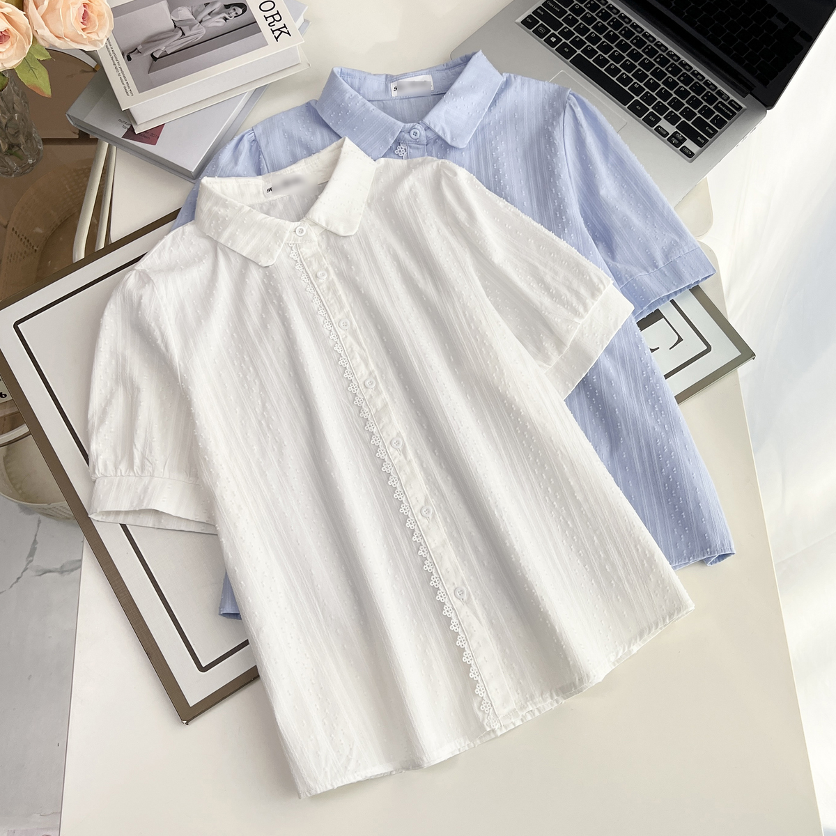 Plus Size Embroidery Button Down Short Sleeve Shirt (White, Blue ...