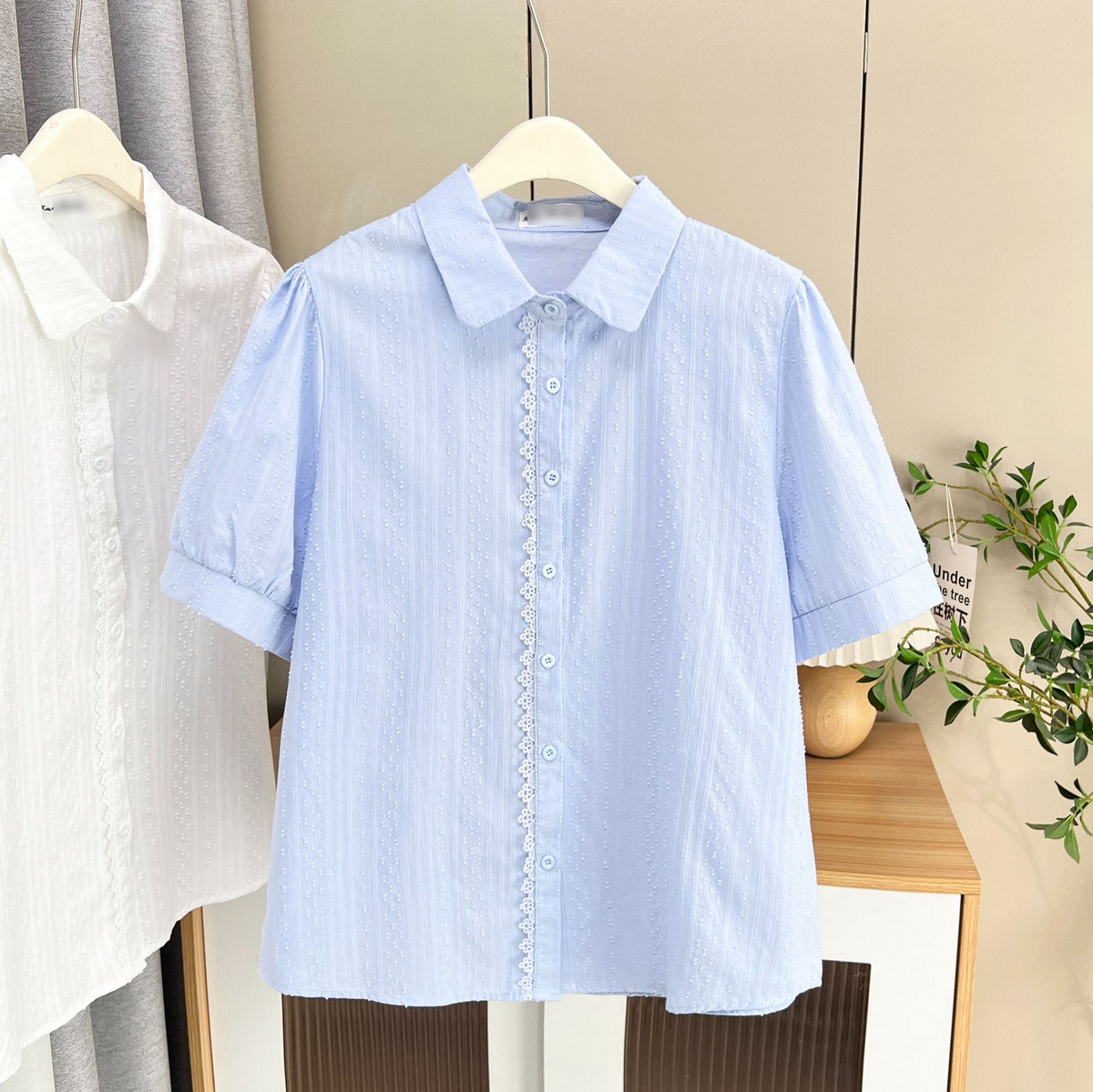 Plus Size Embroidery Button Down Short Sleeve Shirt (White, Blue ...