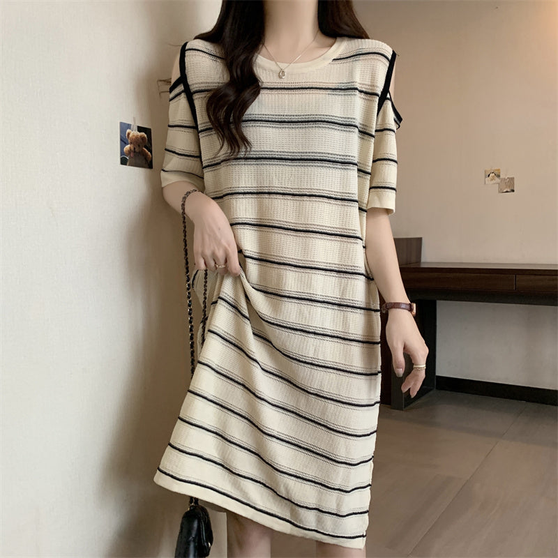 Plus Size Korean Knit Stripes Off Shoulder Dress – Pluspreorder