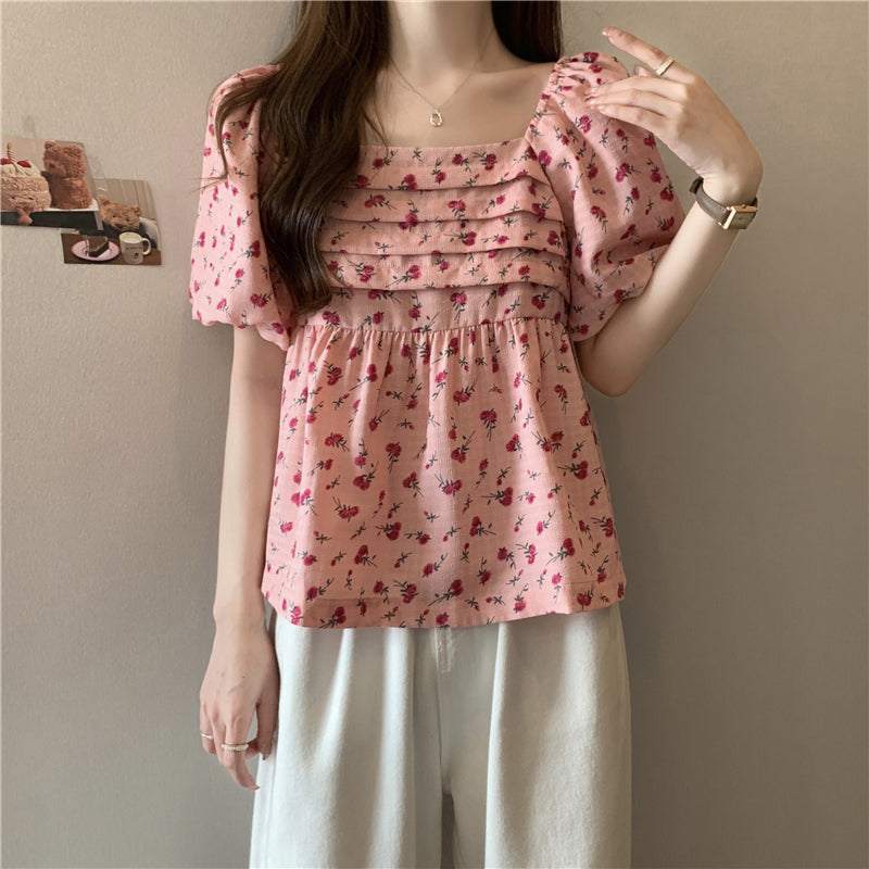 Plus Size Korean Pink Rose Square Neck Babydoll Blouse – Pluspreorder