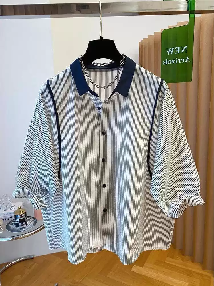 Plus Size Navy Vertical Stripes Loose Shirt (EXTRA BIG SIZE) – Pluspreorder