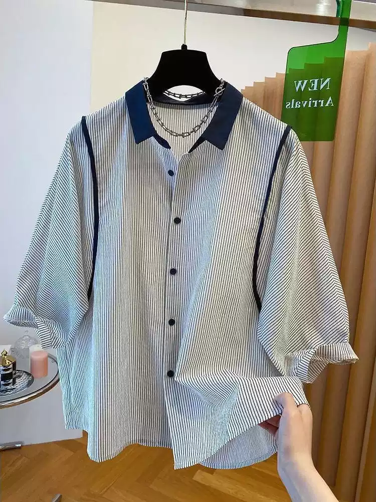 Plus Size Navy Vertical Stripes Loose Shirt (EXTRA BIG SIZE) – Pluspreorder