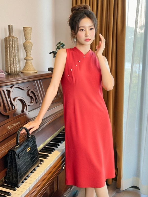 Plus Size Plain Red A Line Sleeveless Cheongsam (EXTRA BIG) – Pluspreorder