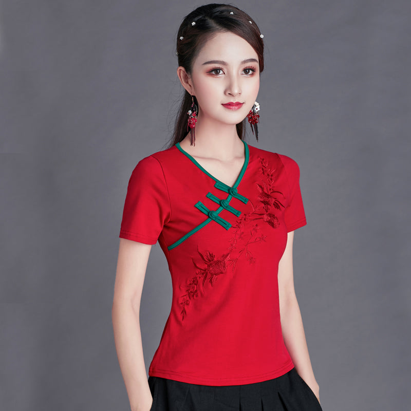 Plus Size V Neck Embroidery Chinese Qipao Top – Pluspreorder
