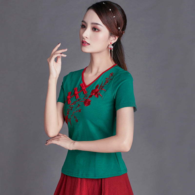 Plus Size V Neck Embroidery Chinese Qipao Top – Pluspreorder