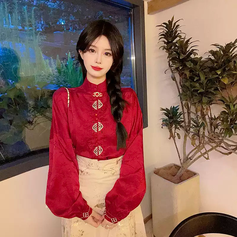 Plus Size Red Chinese Collar Long Sleeve Blouse – Pluspreorder