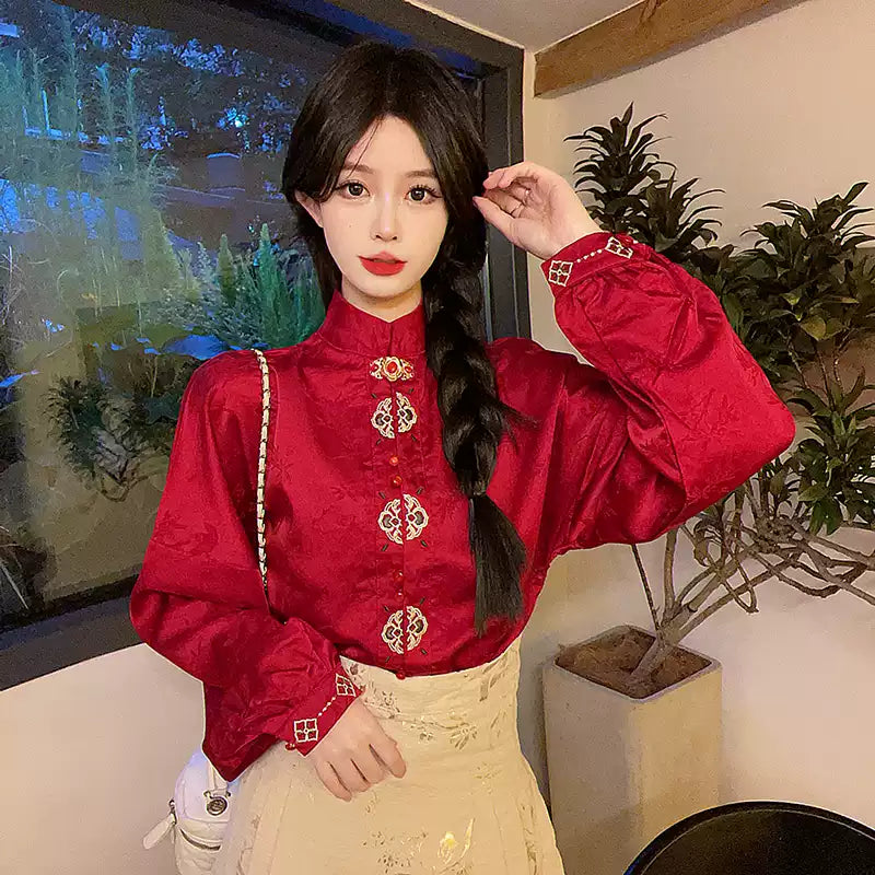Plus Size Red Chinese Collar Long Sleeve Blouse – Pluspreorder