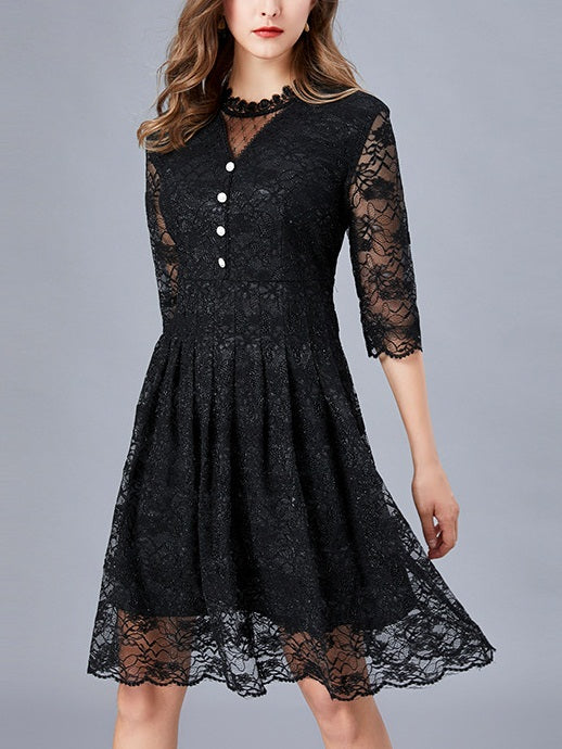 Vavy Plus Size Occasion Party Keyhole Buttons Black Lace Swing Mid Sle ...