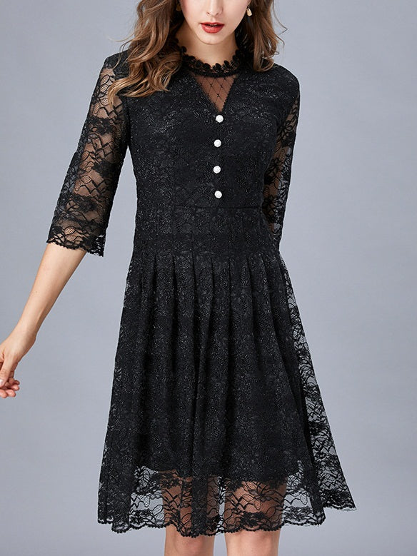 Vavy Plus Size Occasion Party Keyhole Buttons Black Lace Swing Mid Sle ...