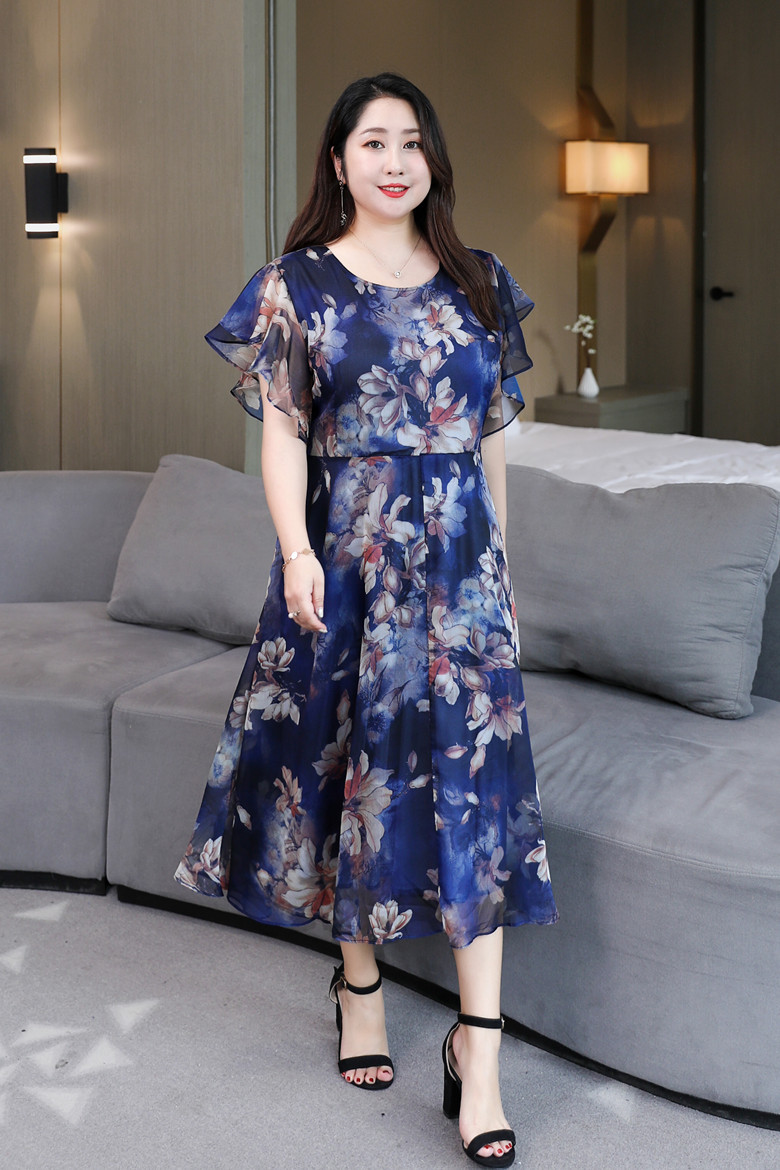 (4XL-8XL) Plus Size Blue Floral Chiffon Midi Dress (Extra Big Size) – Pluspreorder