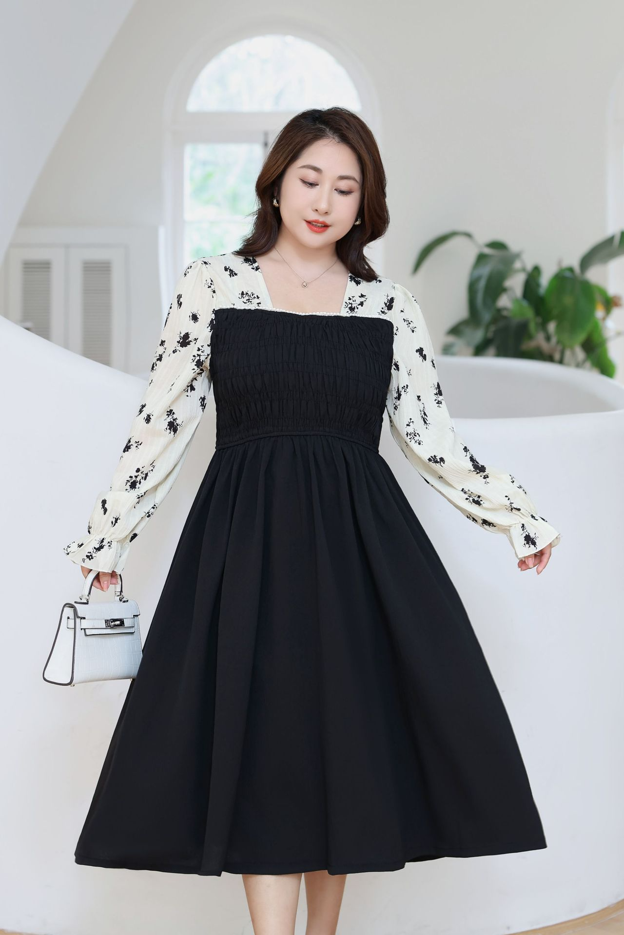 (5XL-8XL) Plus Size Floral Square Neck Long Sleeve Dress (Extra Big Si ...
