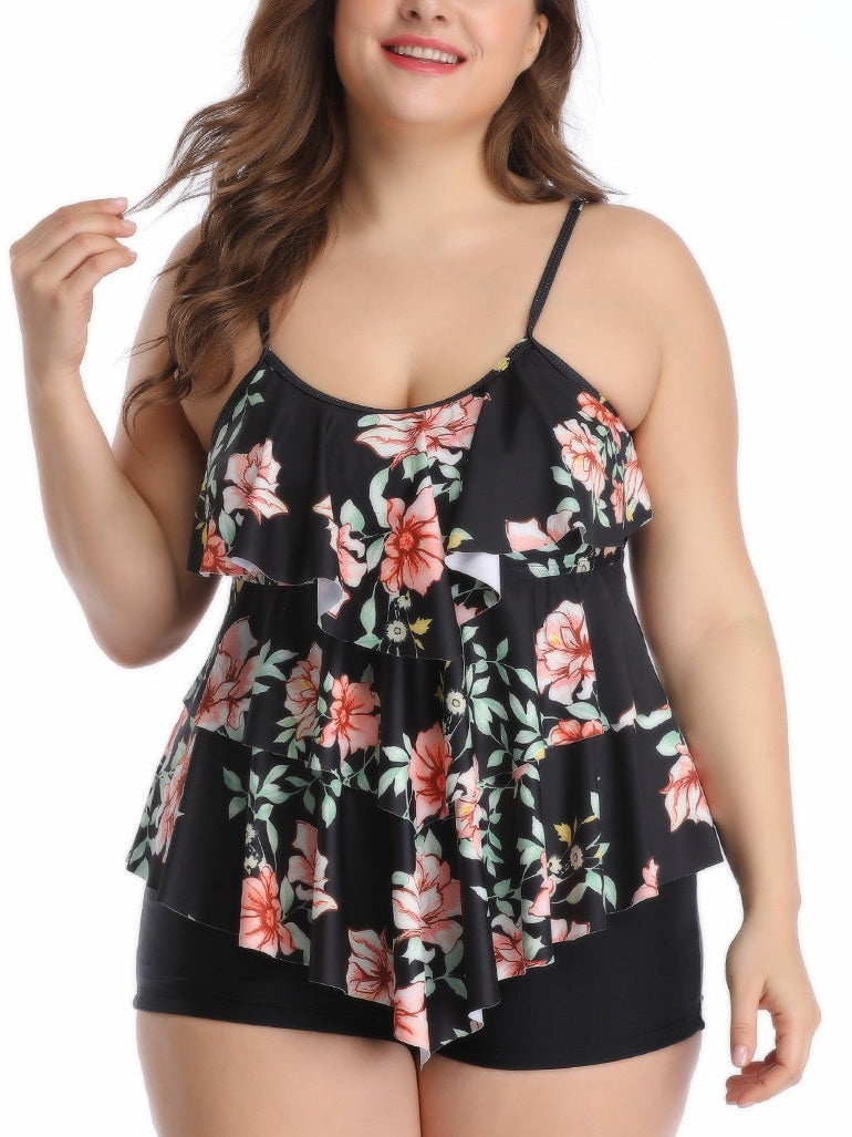 September Frill Tankini Top and Shorts Two Piece Swimsuit Set (Black F ...