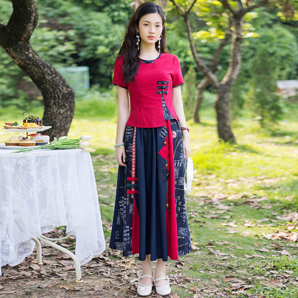 Plus Size Ethnic Cheongsam Blouse And Matching Skirt Set – Pluspreorder
