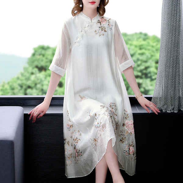 Plus Size Formal Floral Embroidery Modern Cheongsam Dress – Pluspreorder