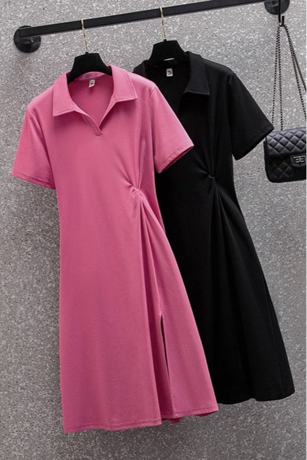 Plus Size Gathered Side Slit Polo T Shirt Dress – Pluspreorder