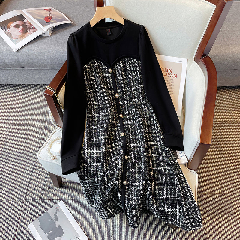 Plus Size Tweed Buttons Long Sleeve Dress – Pluspreorder