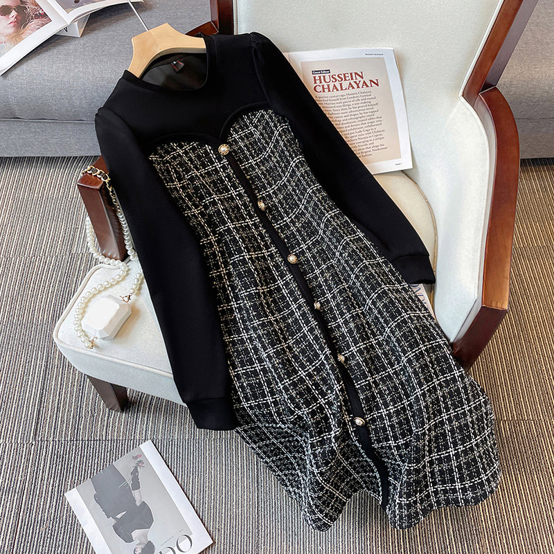 Plus Size Tweed Buttons Long Sleeve Dress – Pluspreorder