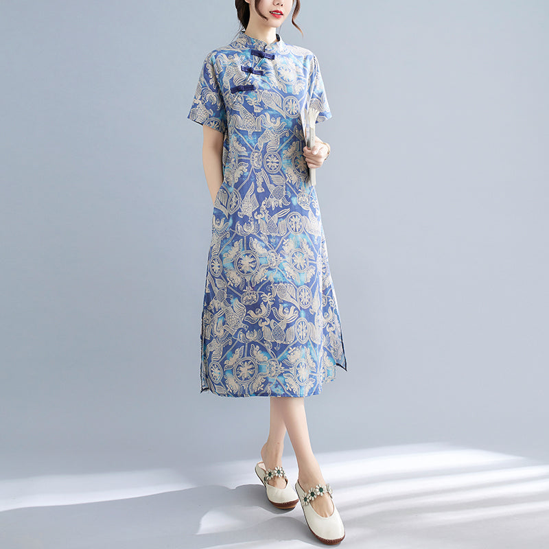 Plus Size Blue Cheongsam Midi Dress – Pluspreorder