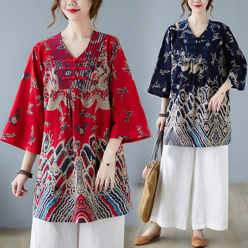 Plus Size Loose Oriental Print Cheongsam Blouse – Pluspreorder