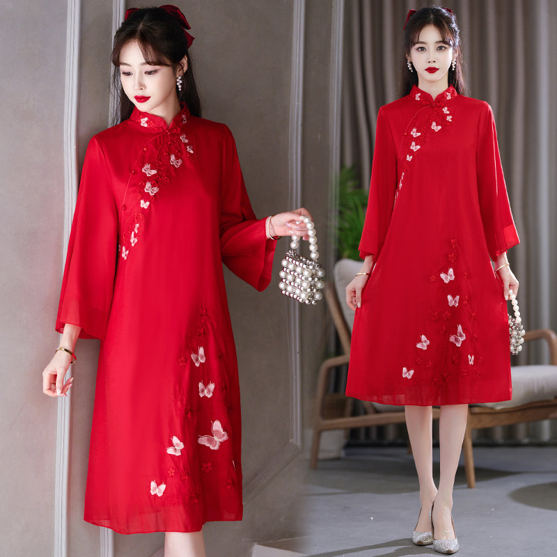 Plus size red embroidered cheongsam a line dress – Pluspreorder