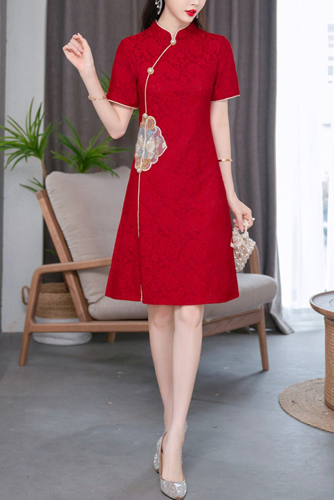 Plus size red embroidery vintage formal cheongsam dress – Pluspreorder