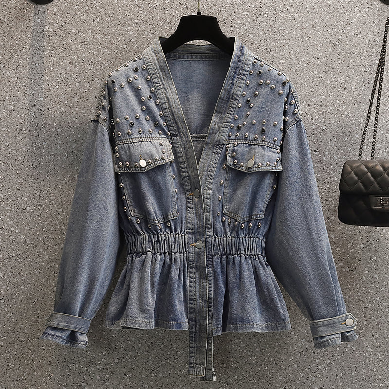 Plus size studded waisted denim jacket – Pluspreorder