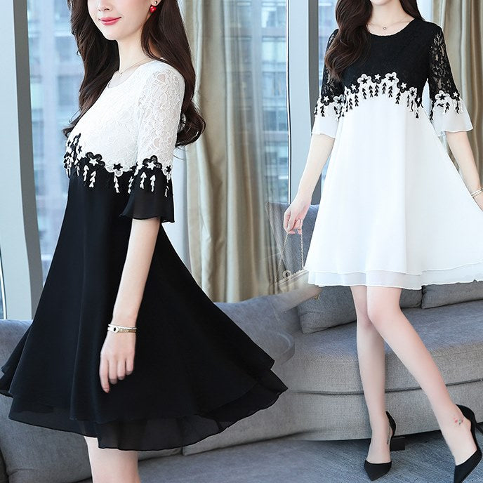 Plus size drip lace and chiffon mid sleeve dress – Pluspreorder
