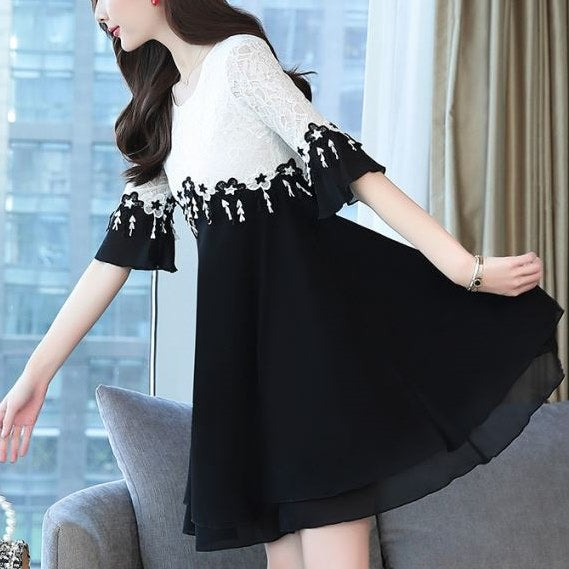Plus size drip lace and chiffon mid sleeve dress – Pluspreorder