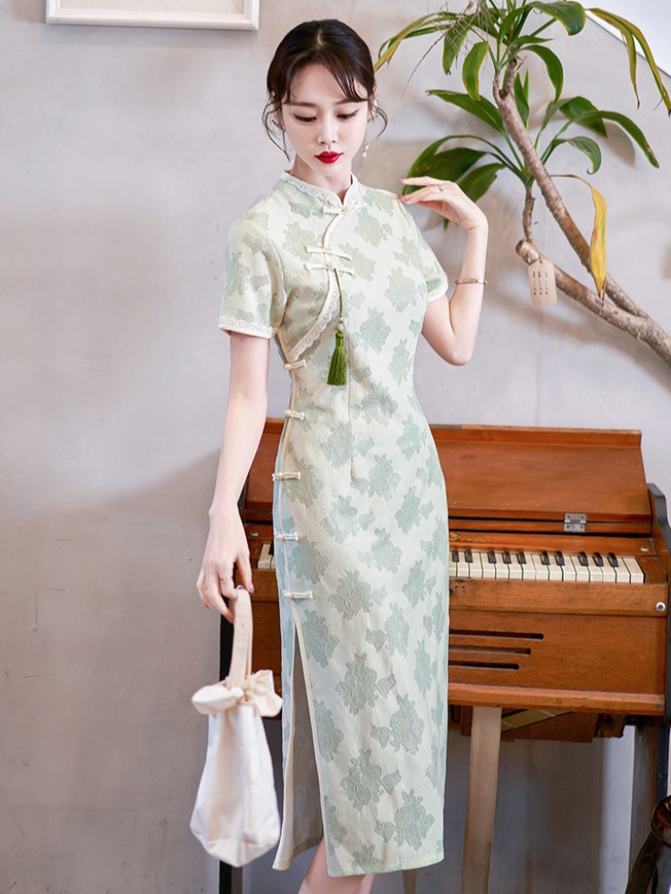 (M-4Xl) Plus Size Green Cheongsam Short Sleeve Cheongsam Midi Dress ...