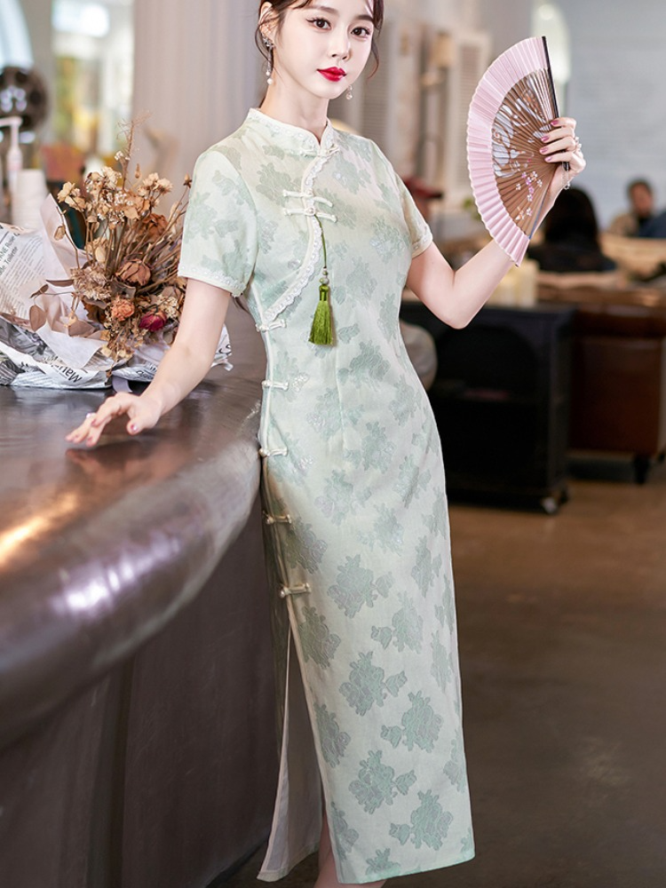 (M-4Xl) Plus Size Green Cheongsam Short Sleeve Cheongsam Midi Dress ...