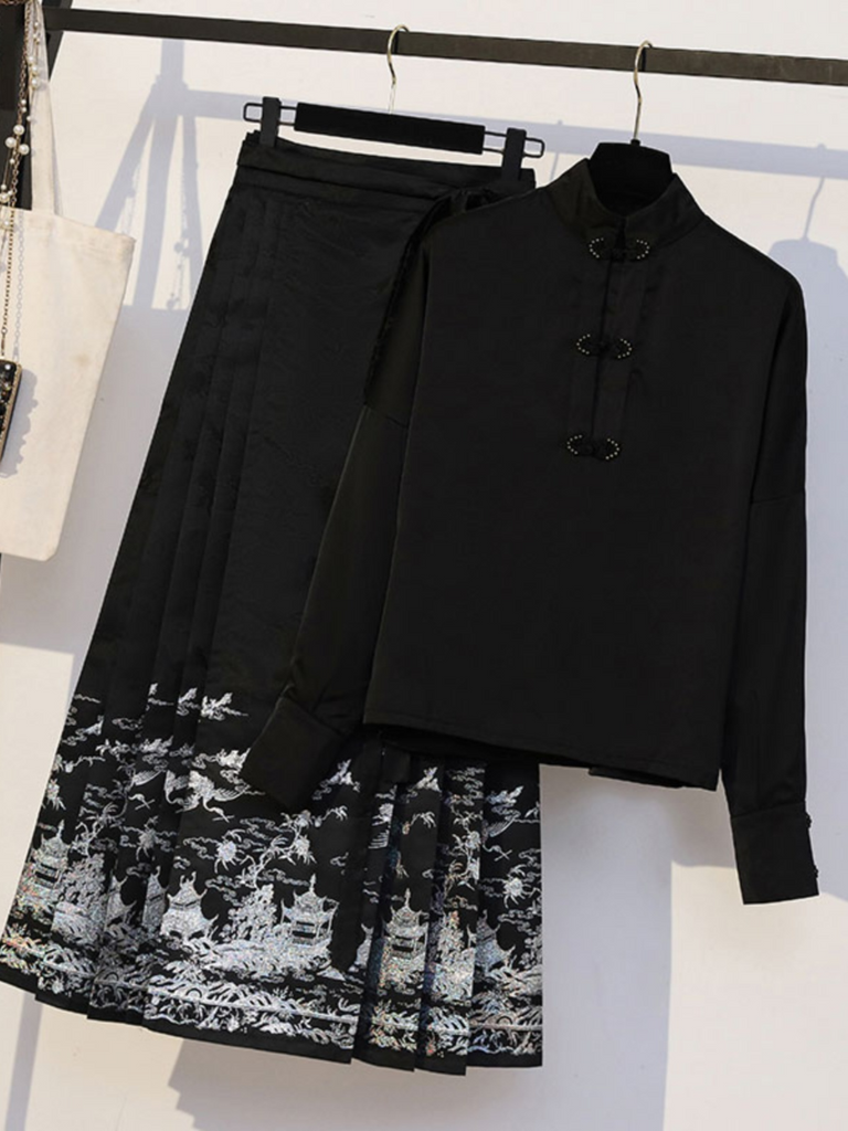 Plus Size Chinese Black Long Sleeve Blouse And Matching Skirt Set – Pluspreorder