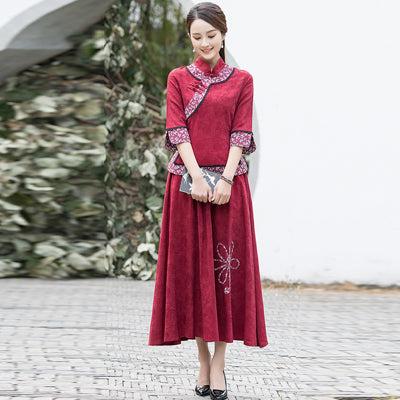 Plus Size Ethnic Embroidery Cheongsam Blouse and Matching Skirt Set – Pluspreorder