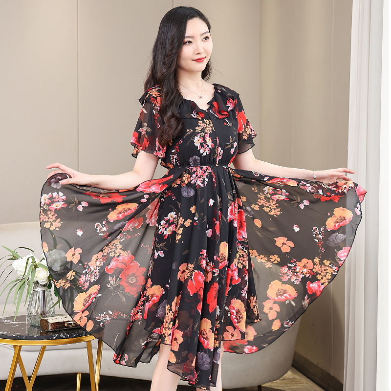 Plus Size Chinese Floral Chiffon Dress – Pluspreorder